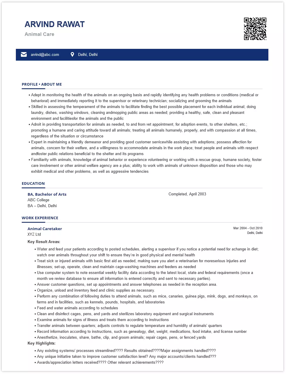 Animal Care Sample & Ready To Use Example | ShriResume