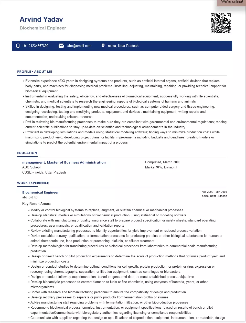Biochemical Engineer Sample & Ready To Use Example | ShriResume