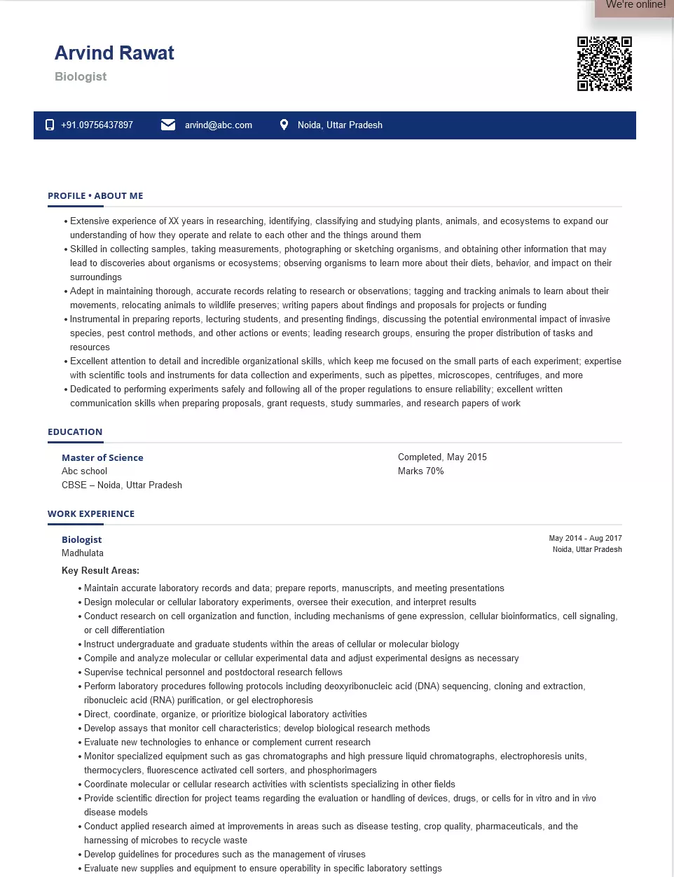 Biologists Sample & Ready To Use Example | ShriResume