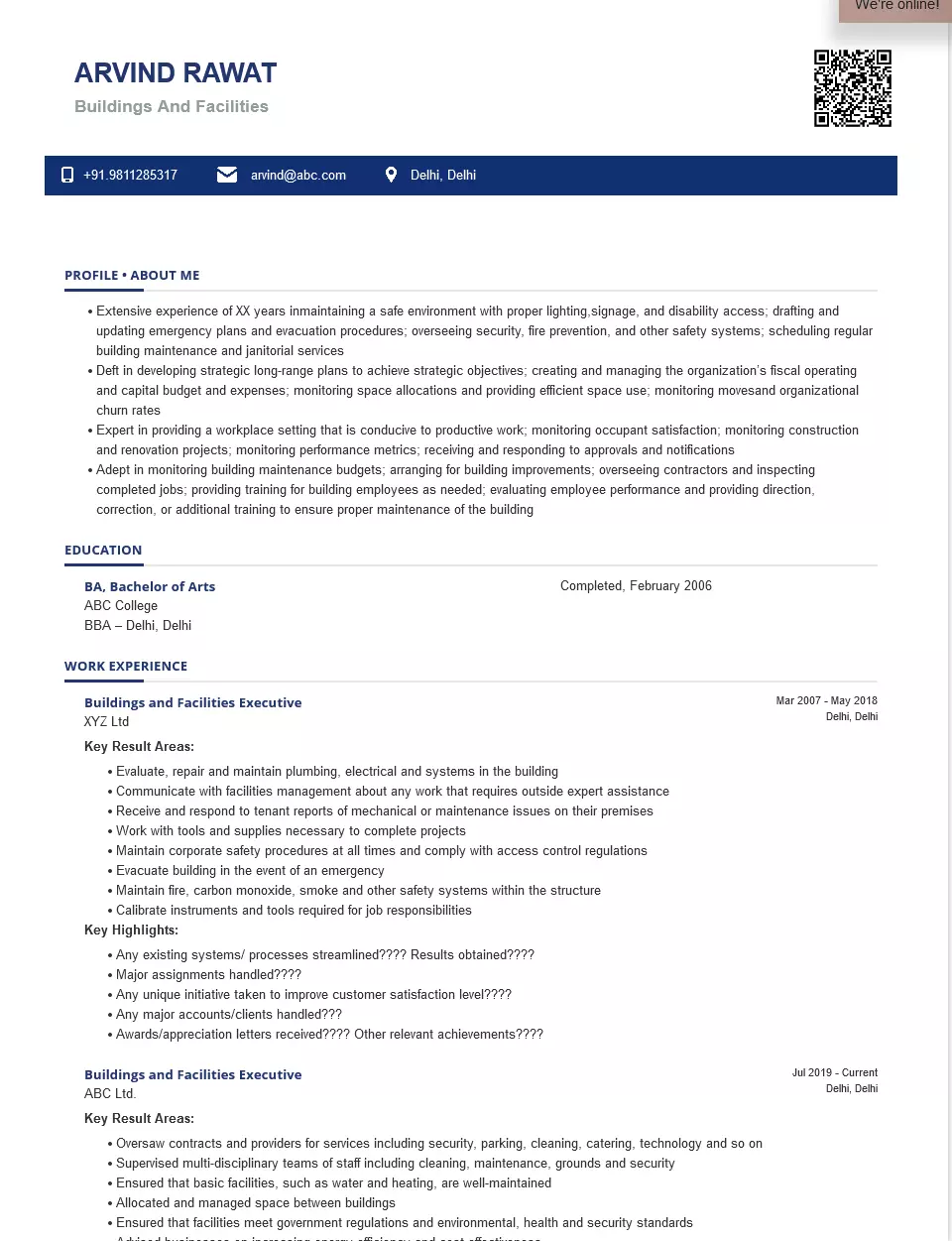 Buildings and Facilities Sample & Ready To Use Example | ShriResume