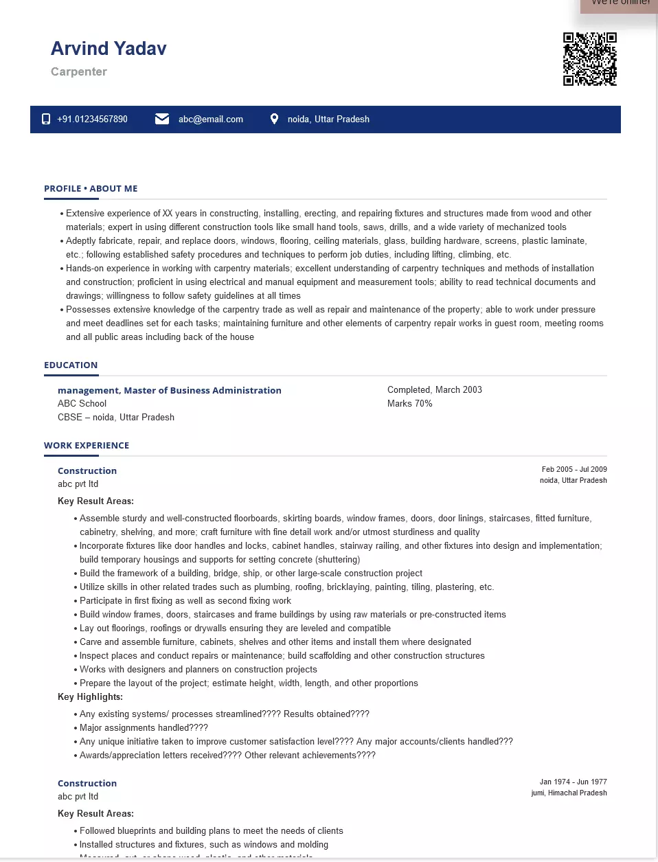 Carpenter Sample & Ready To Use Example | ShriResume