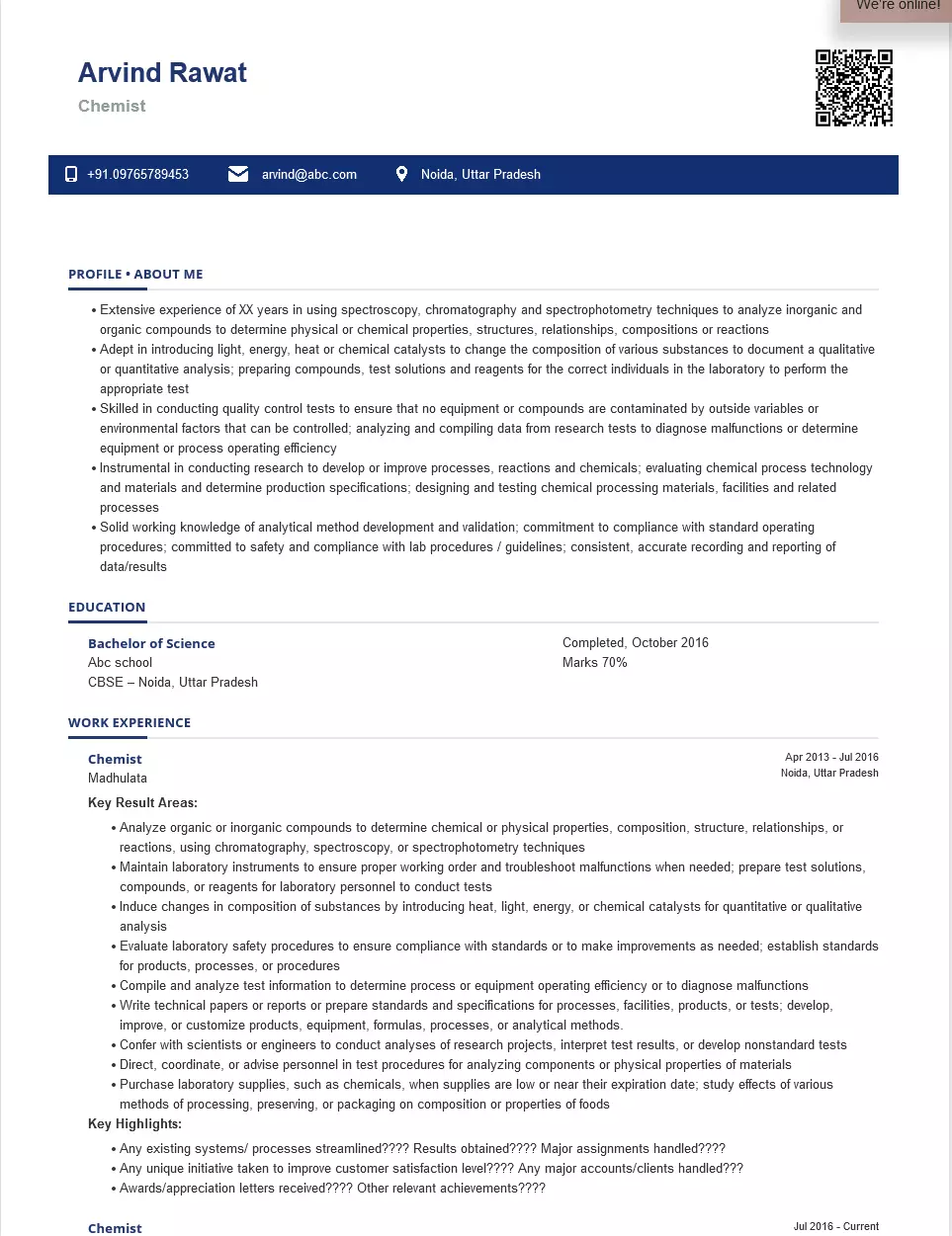 Chemists Sample & Ready To Use Example | ShriResume