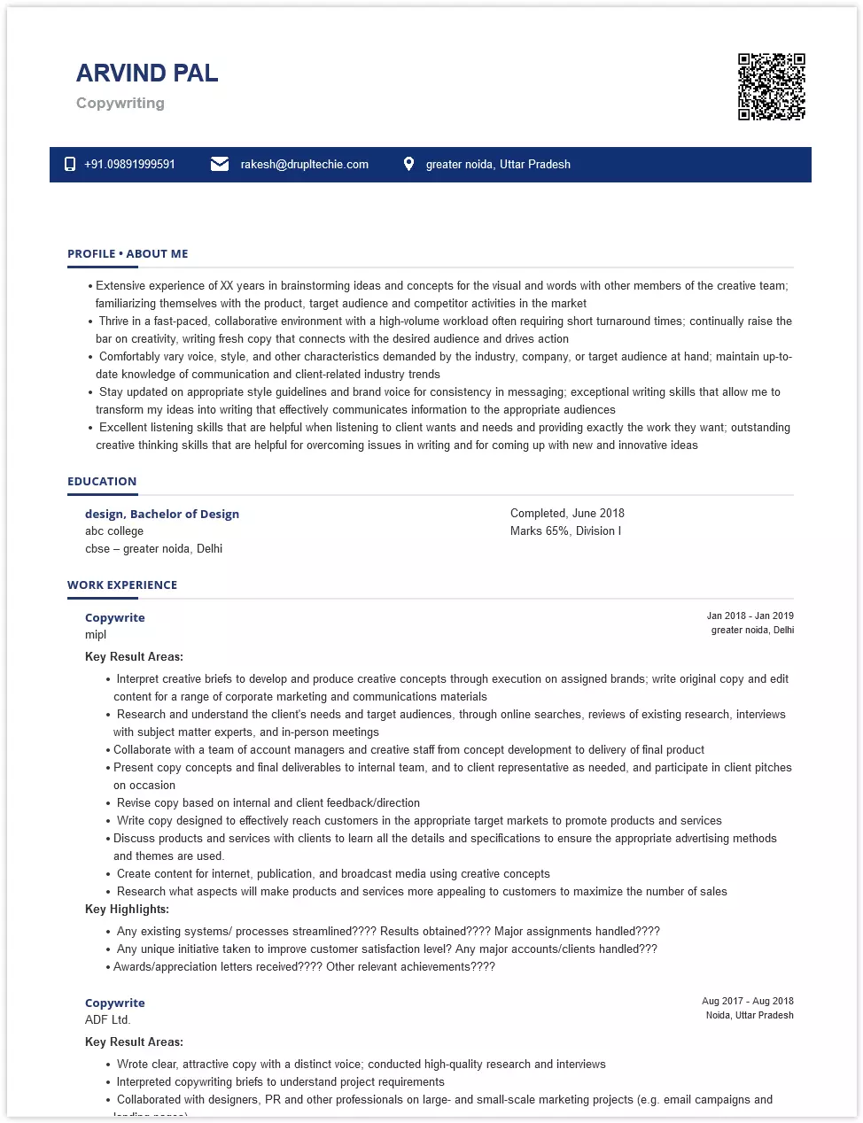 Copywriter Sample & Ready To Use Example | ShriResume