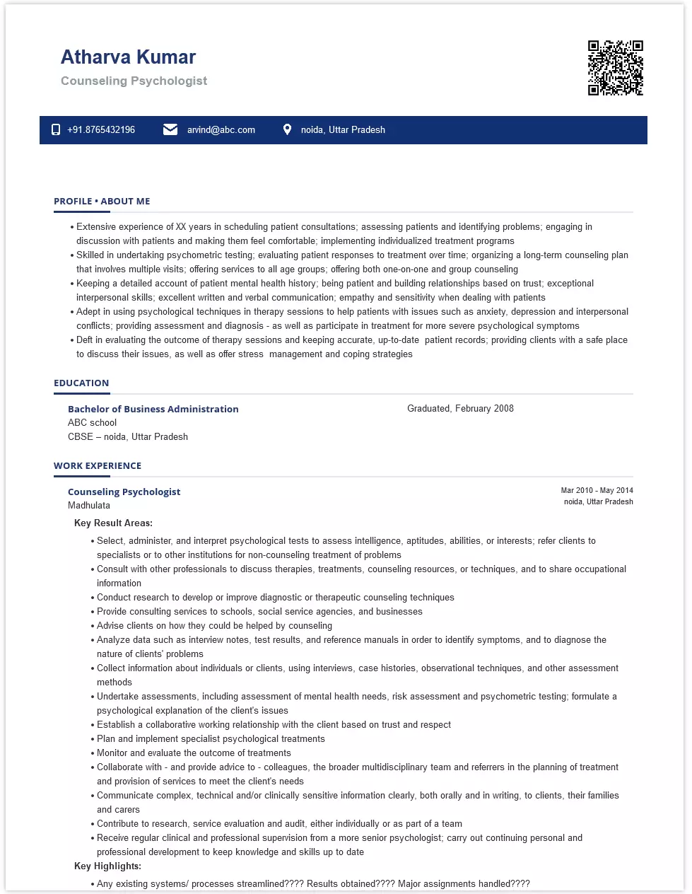Counseling Psychologists Sample & Ready To Use Example | ShriResume