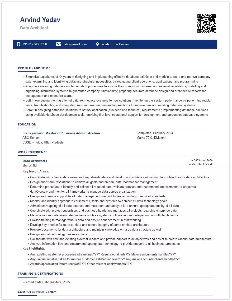 Data Architects Sample & Ready To Use Example | ShriResume