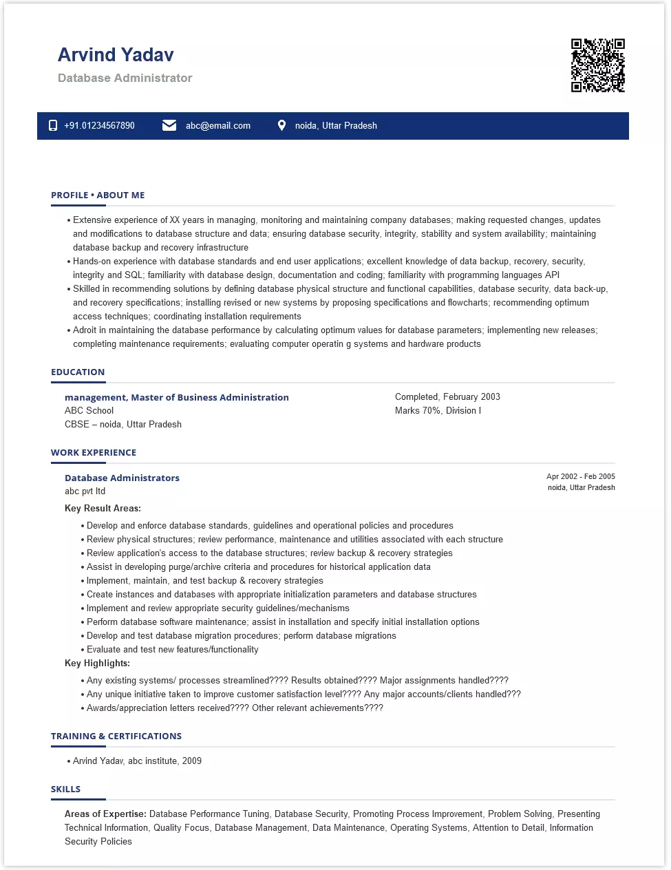 Database Administrators Sample & Ready To Use Example | ShriResume