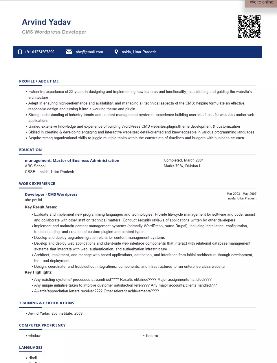 Developer - Front End Sample & Ready To Use Example | ShriResume