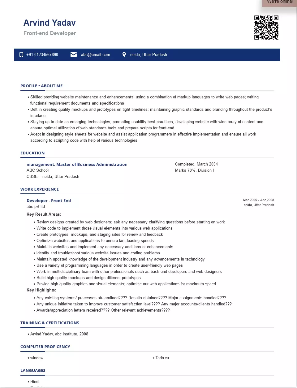 Developer - Front End Sample & Ready To Use Example | ShriResume