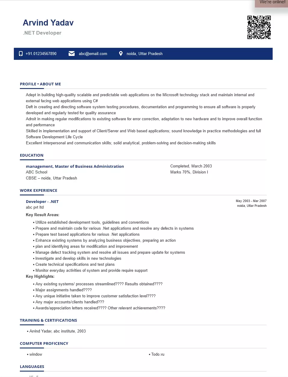 Developer - Front End Sample & Ready To Use Example | ShriResume