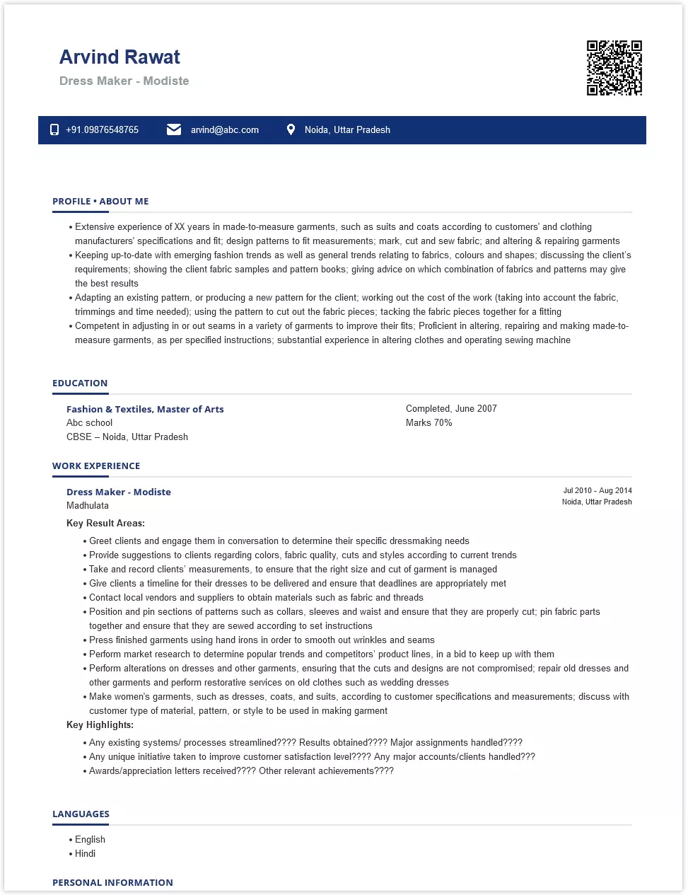 Seamstress Sample & Ready To Use Example | ShriResume