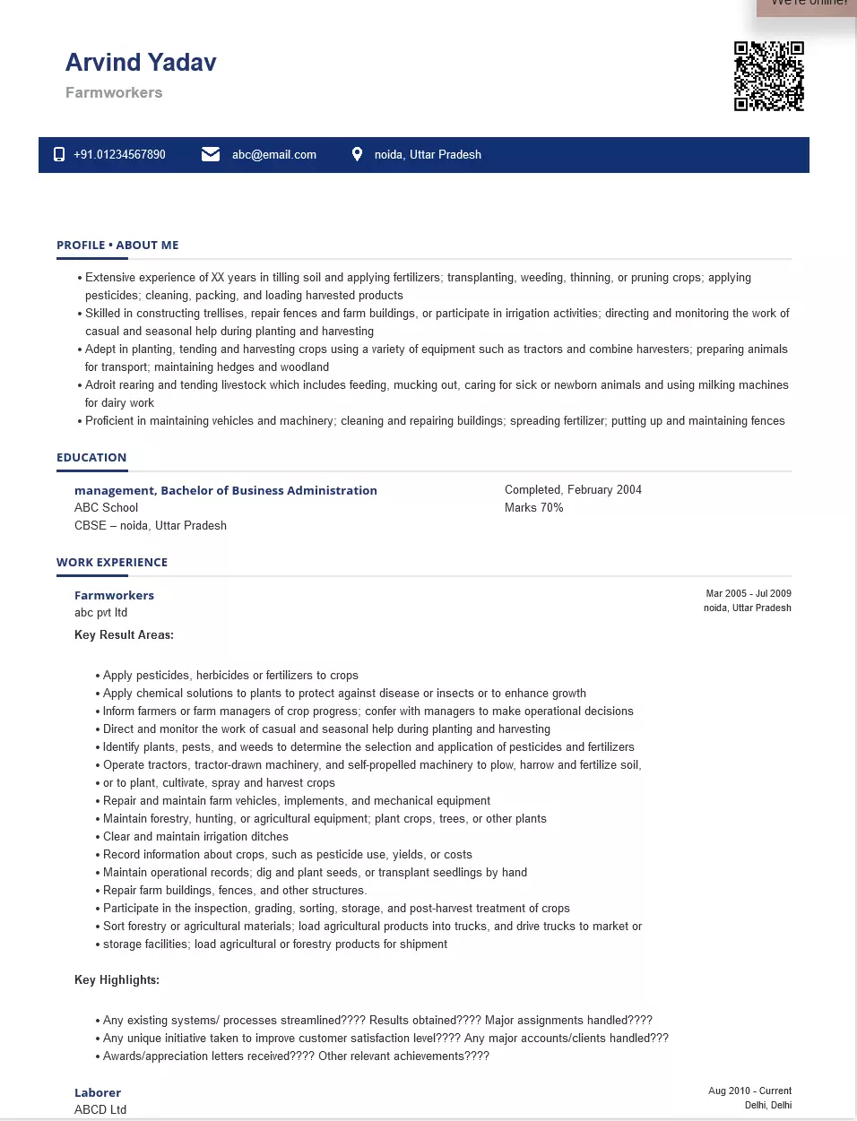 Farmworkers and Laborer Sample & Ready To Use Example | ShriResume