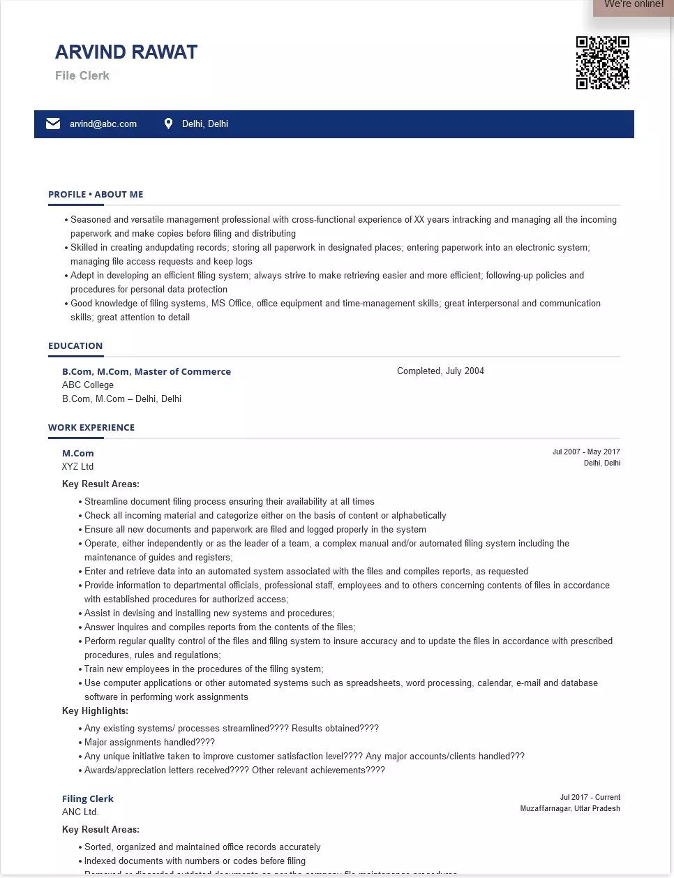 Filing Clerk Sample & Ready To Use Example | ShriResume