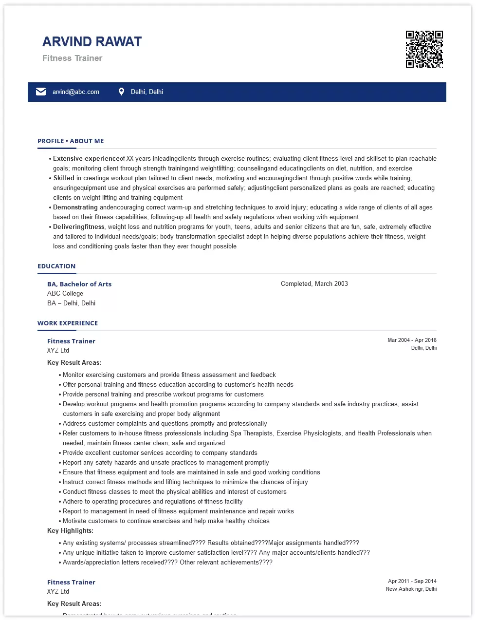 Fitness Trainer Sample & Ready To Use Example | ShriResume