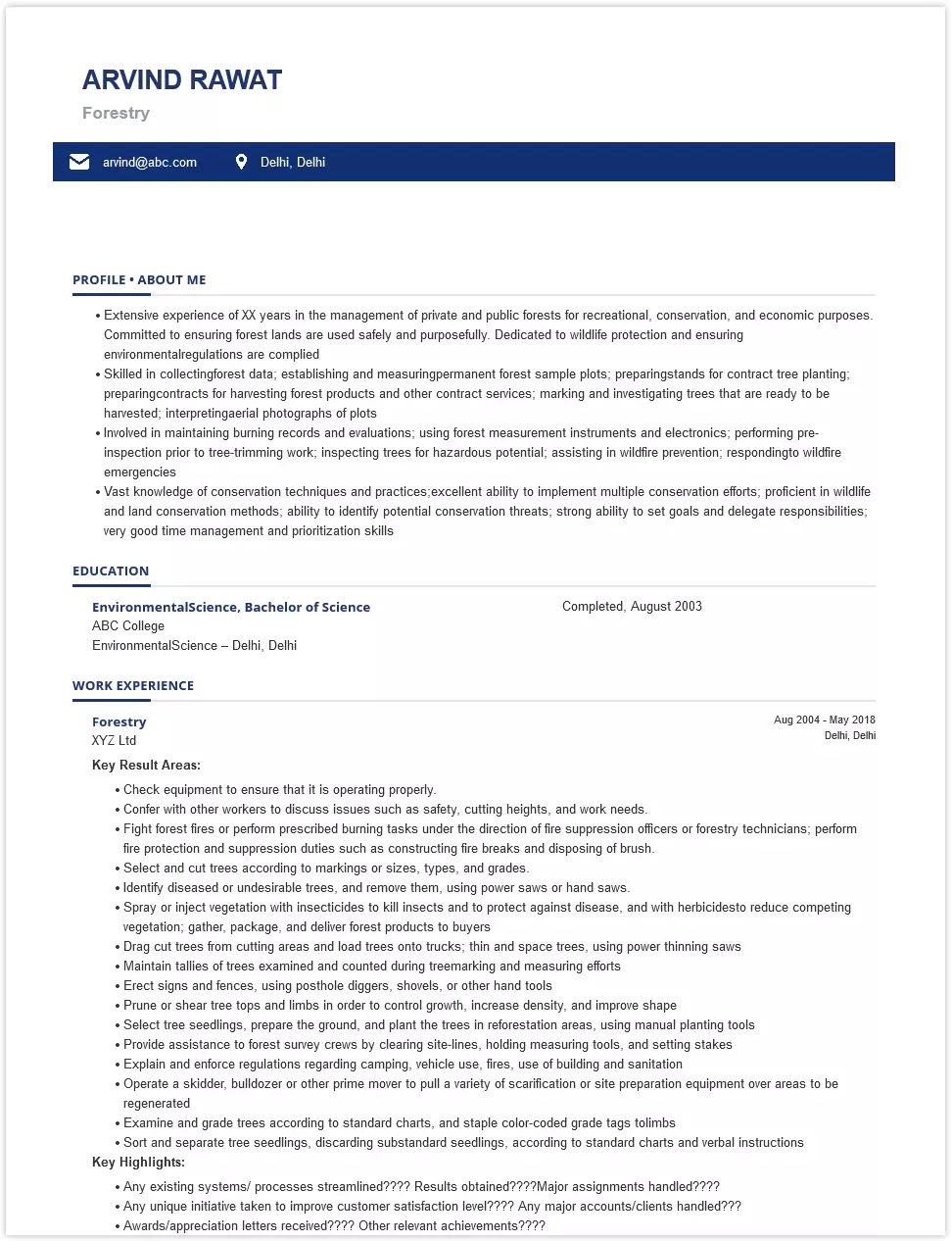 Forestry Sample & Ready To Use Example | ShriResume