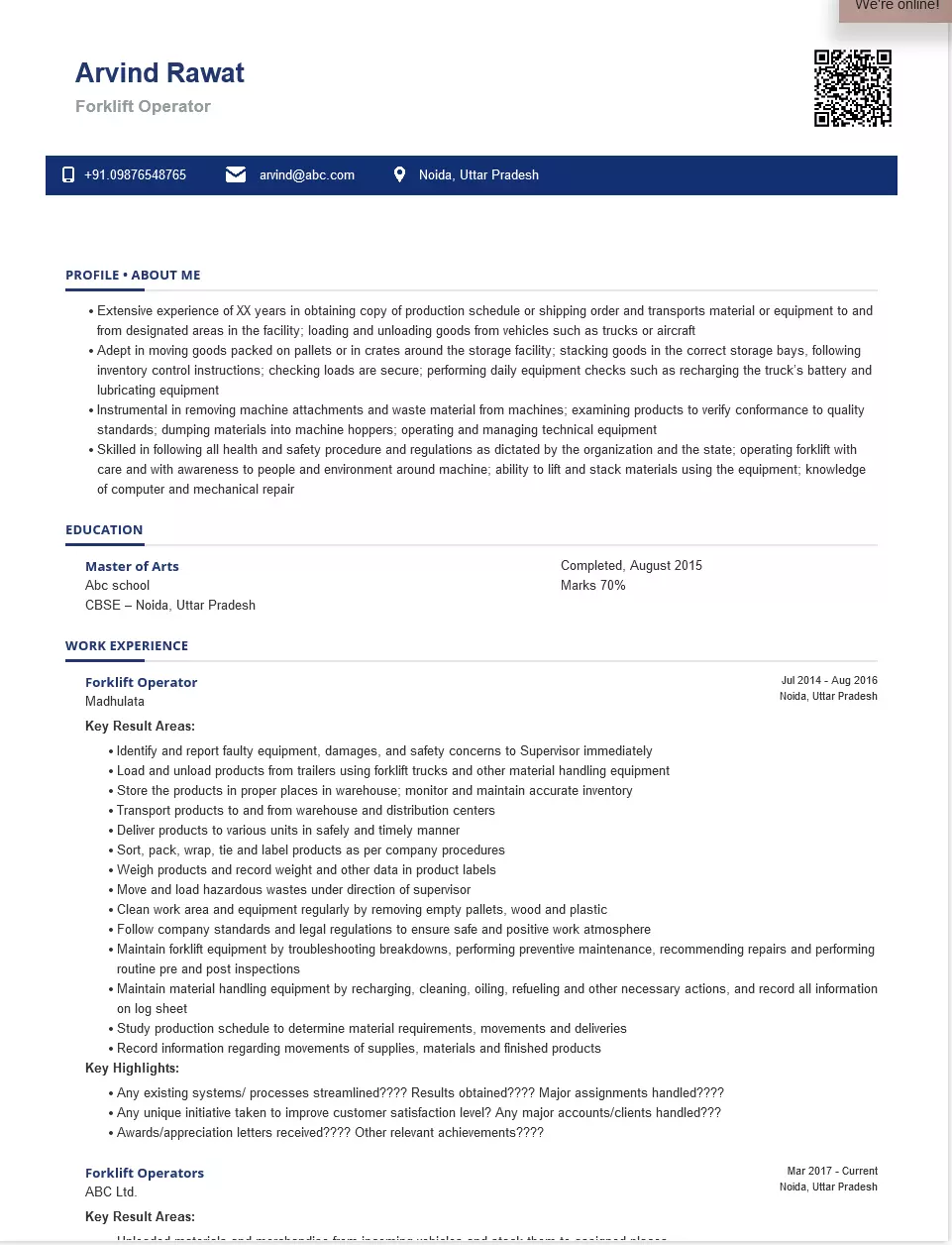 Forklift Operators Sample & Ready To Use Example | ShriResume