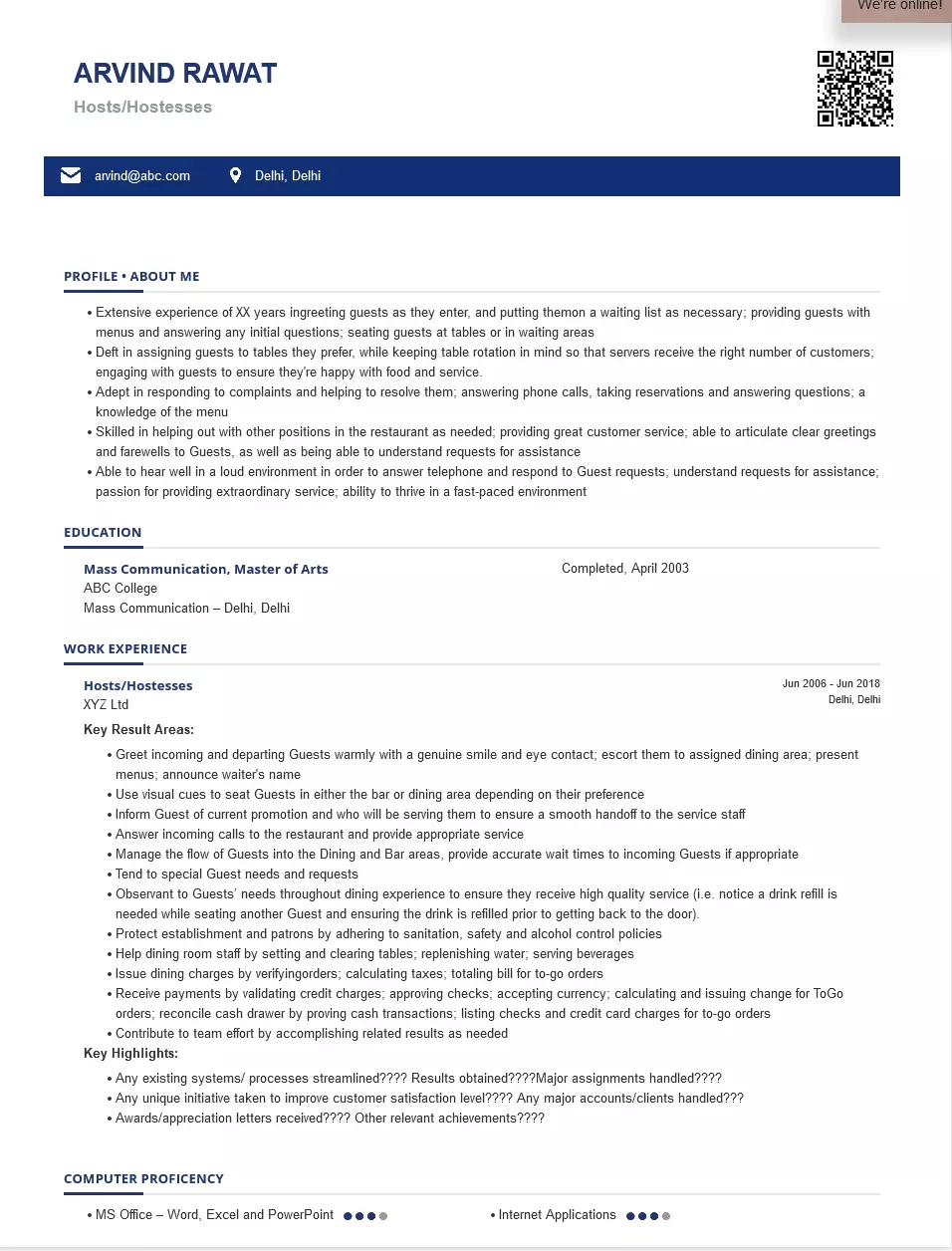 Hosts/Hostesses Sample & Ready To Use Example | ShriResume