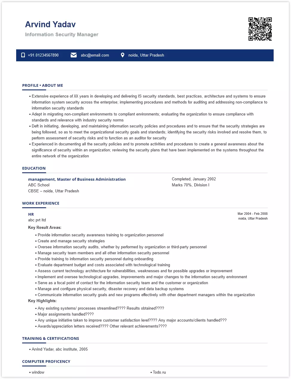 Information Security Manager Sample & Ready To Use Example | ShriResume