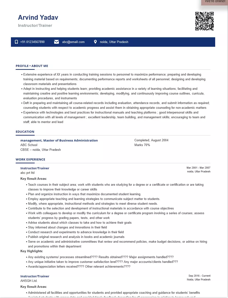 Instructor/Trainer Sample & Ready To Use Example | ShriResume