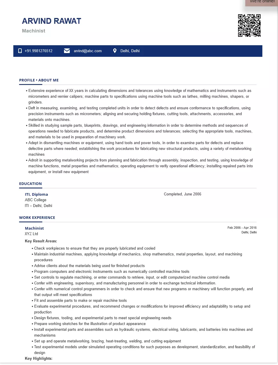 Machinist Sample & Ready To Use Example | ShriResume