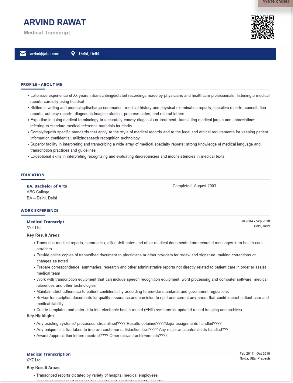 Medical Transcription Sample & Ready To Use Example | ShriResume