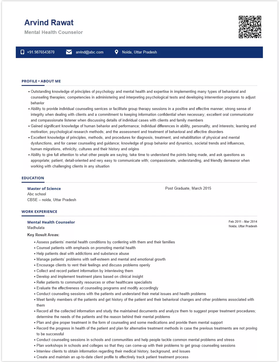 Mental Health Counselors Sample And Ready To Use Example Shriresume