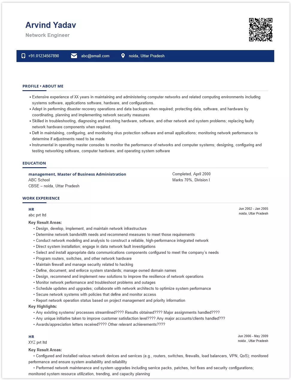 Network Engineers Sample & Ready To Use Example | ShriResume