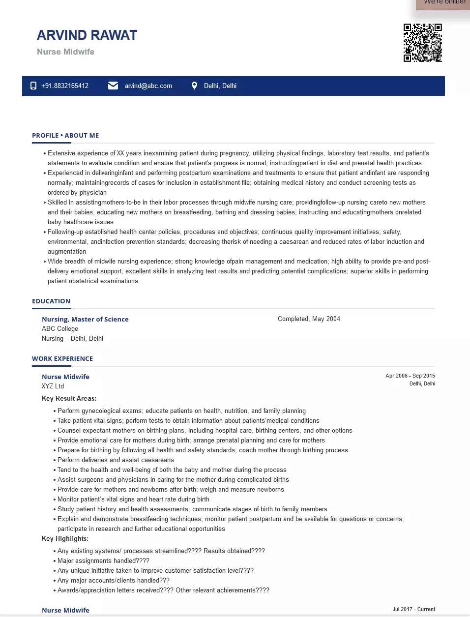 Nurse Midwife Sample & Ready To Use Example | ShriResume