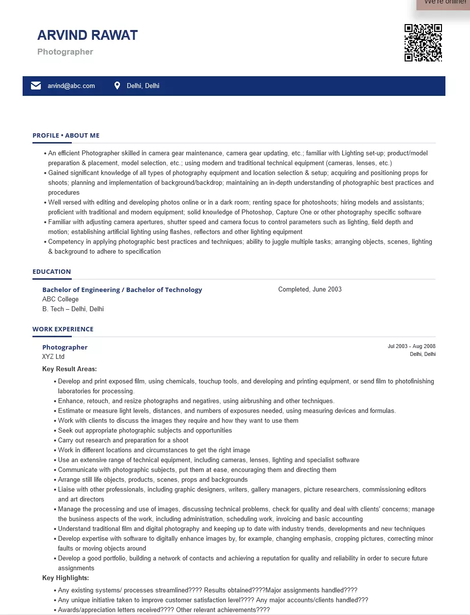 Photographer Sample & Ready To Use Example | ShriResume