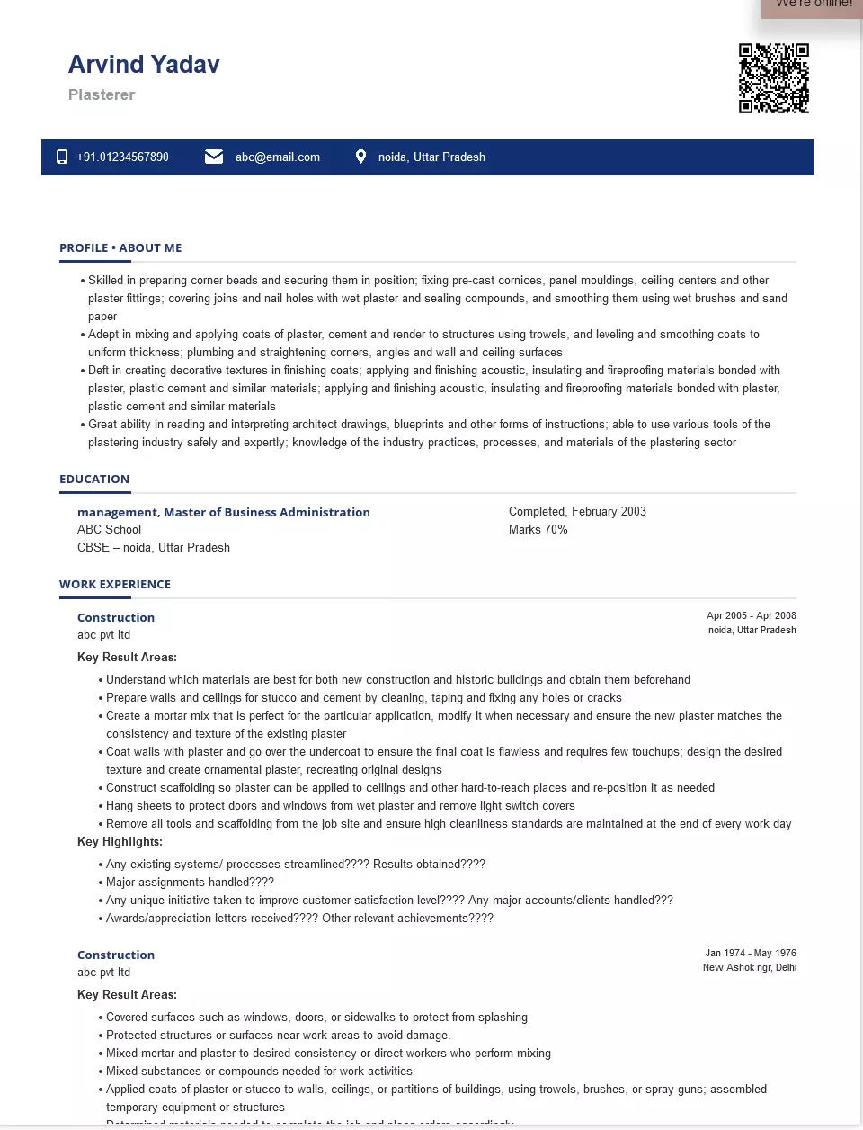 Plastering Sample & Ready To Use Example | ShriResume