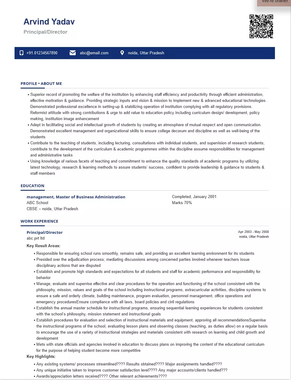 Principal/Director Sample & Ready To Use Example | ShriResume