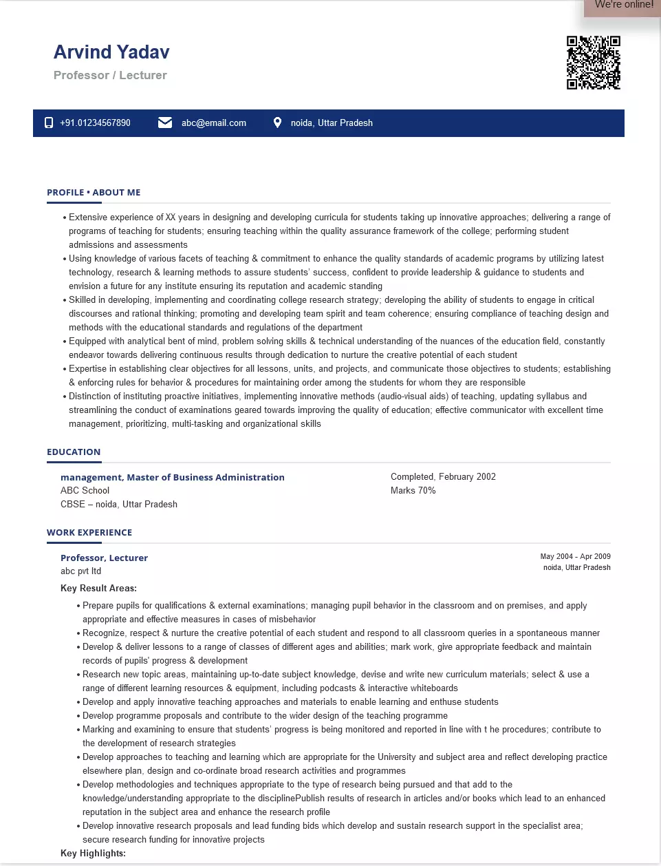 Professor, Lecturer Sample & Ready To Use Example | ShriResume