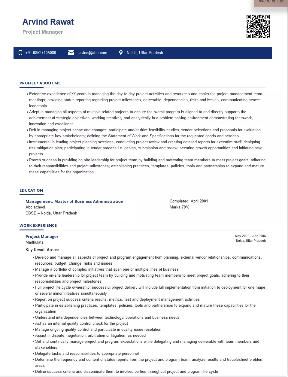 Project Manager Sample & Ready To Use Example | ShriResume