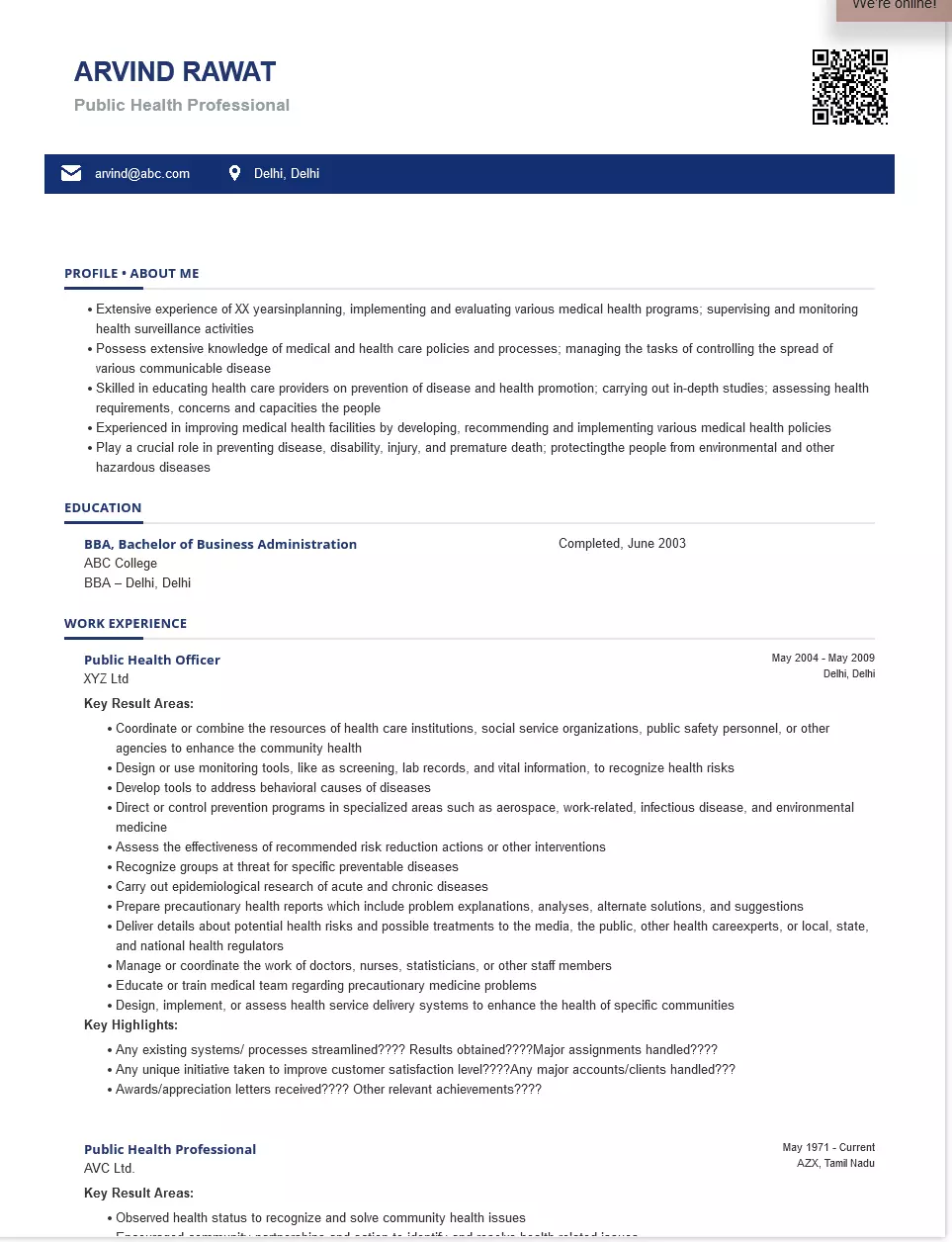 Public Health Professional Sample & Ready To Use Example | ShriResume