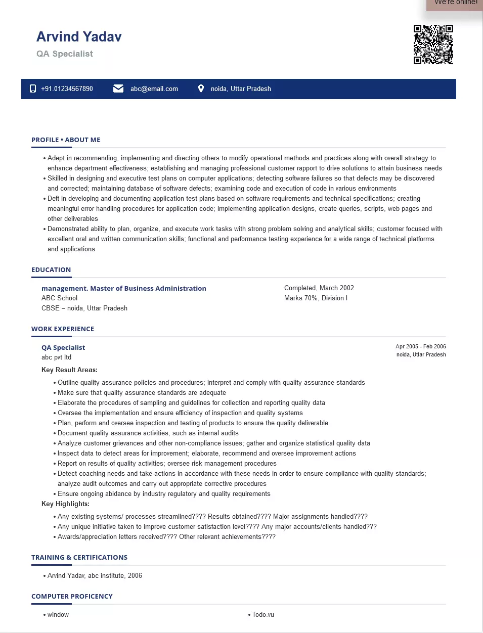 QA Specialist Sample & Ready To Use Example | ShriResume