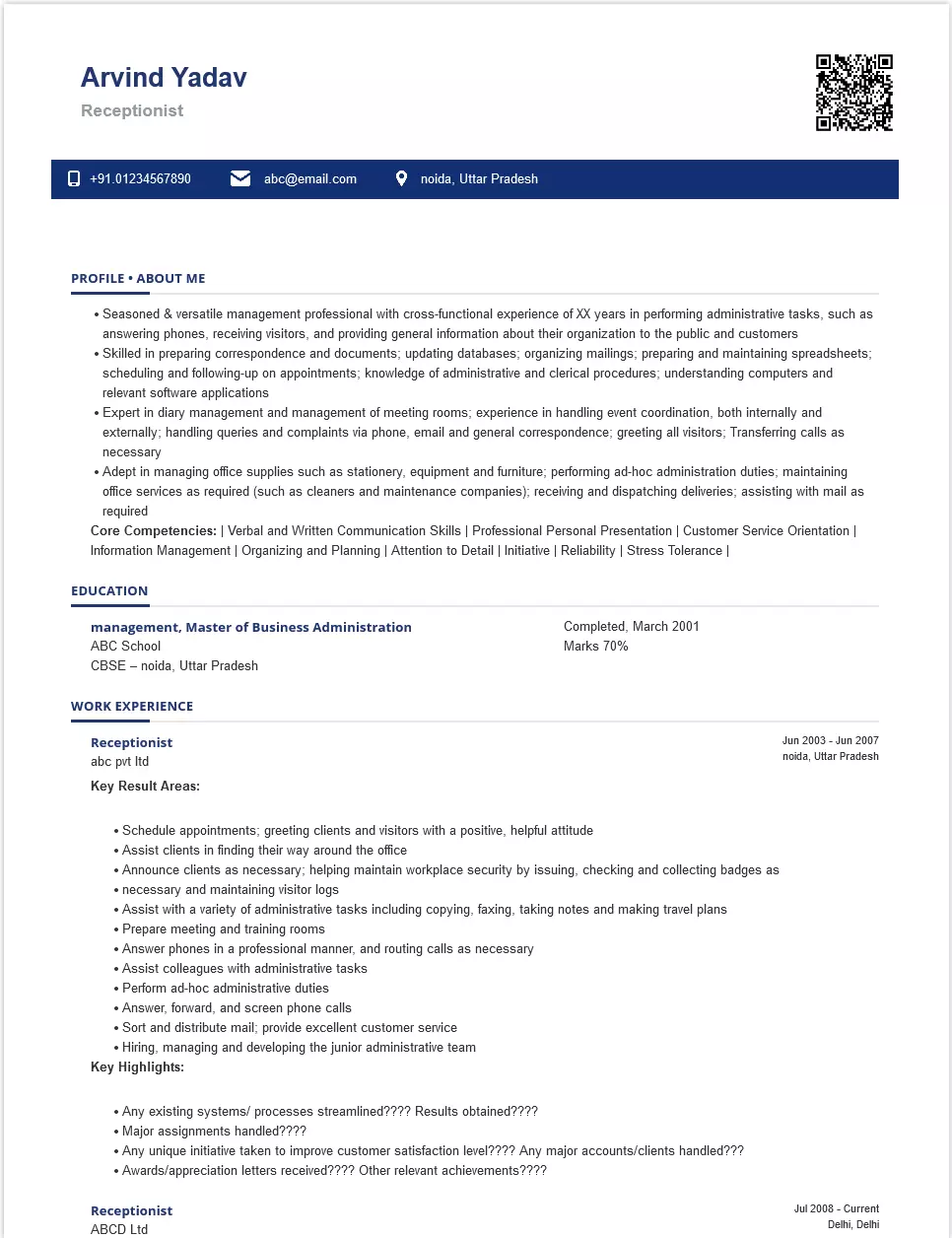 Receptionist Sample & Ready To Use Example | ShriResume