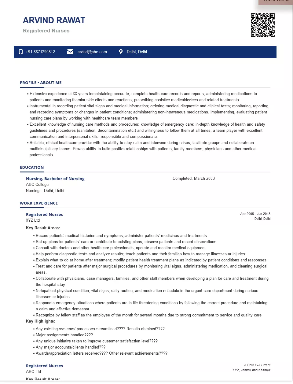 Registered Nurses Sample & Ready To Use Example | ShriResume