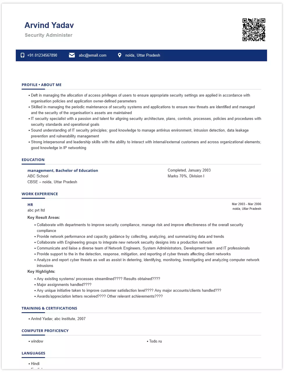 Security Architect Sample & Ready To Use Example | ShriResume