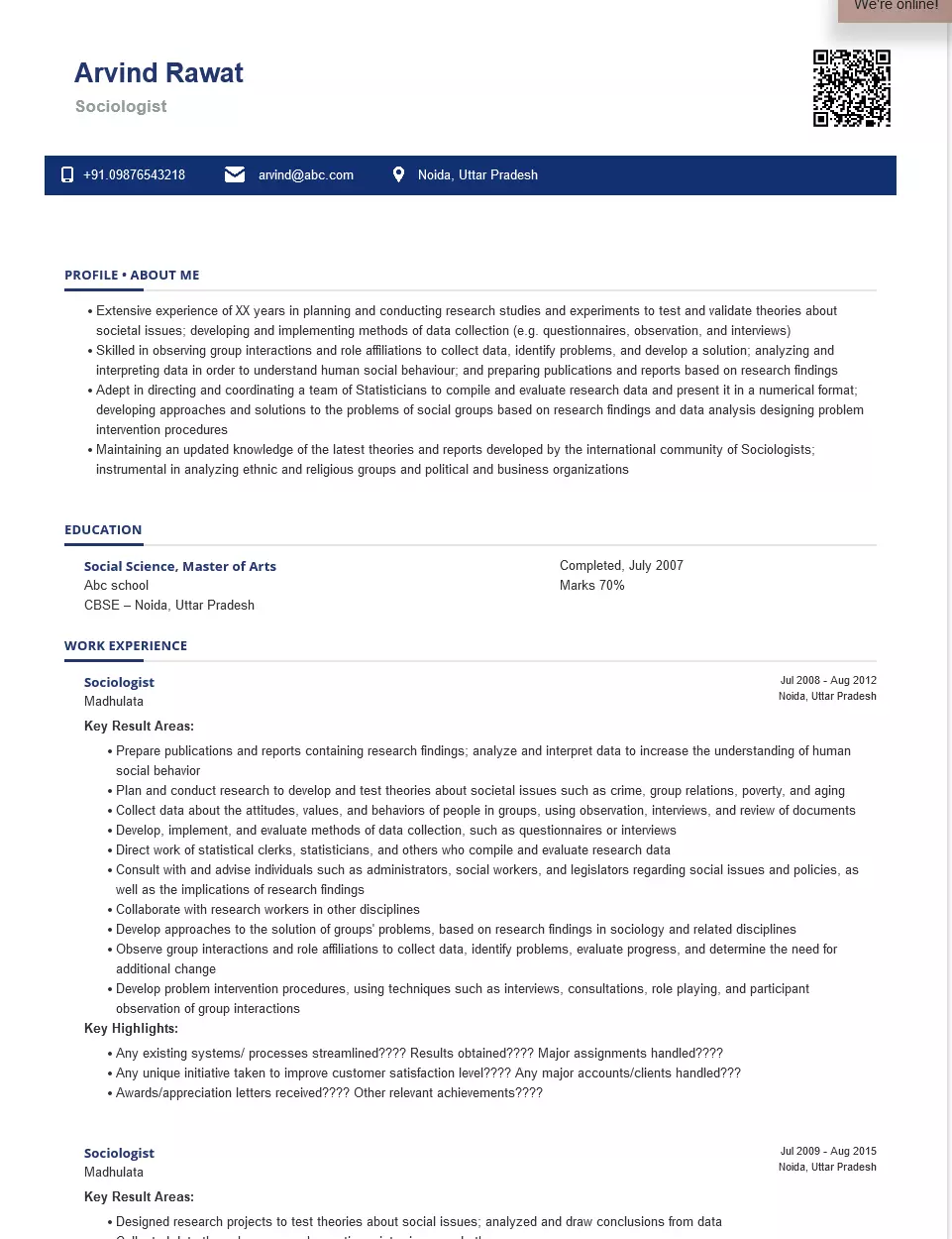 Sociologist Sample & Ready To Use Example | ShriResume