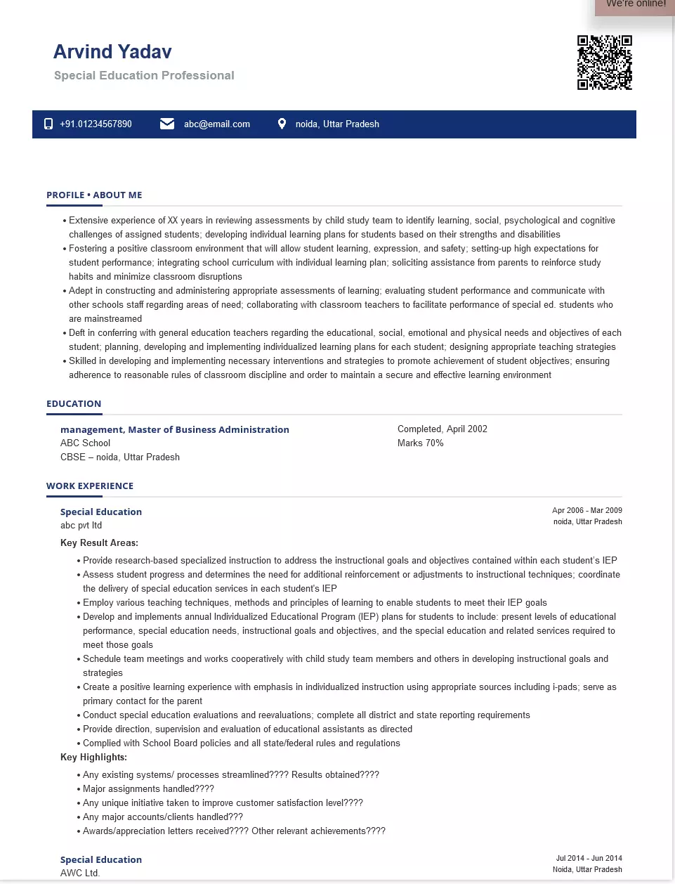Special Education Sample & Ready To Use Example | ShriResume