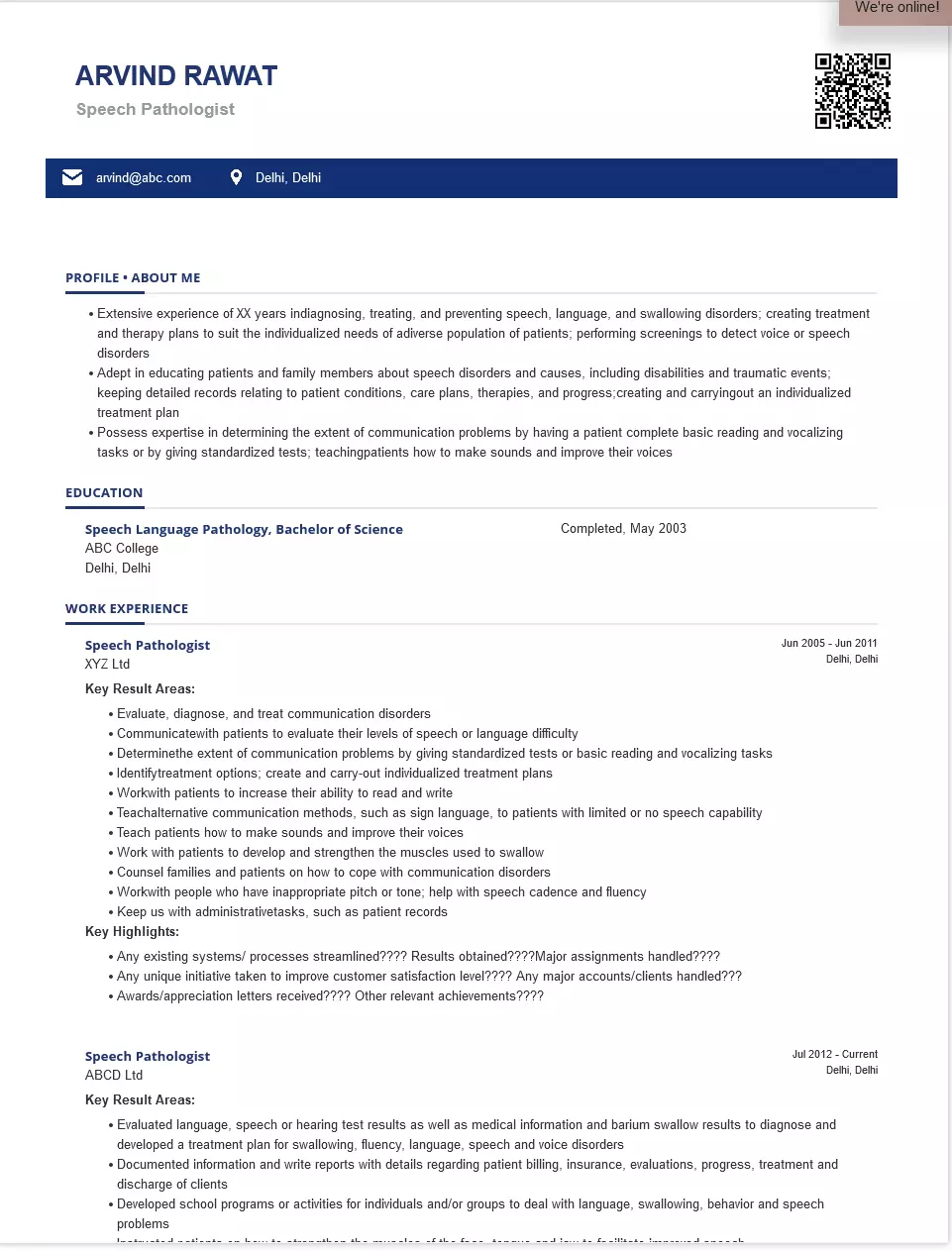 Speech pathologist Sample & Ready To Use Example | ShriResume