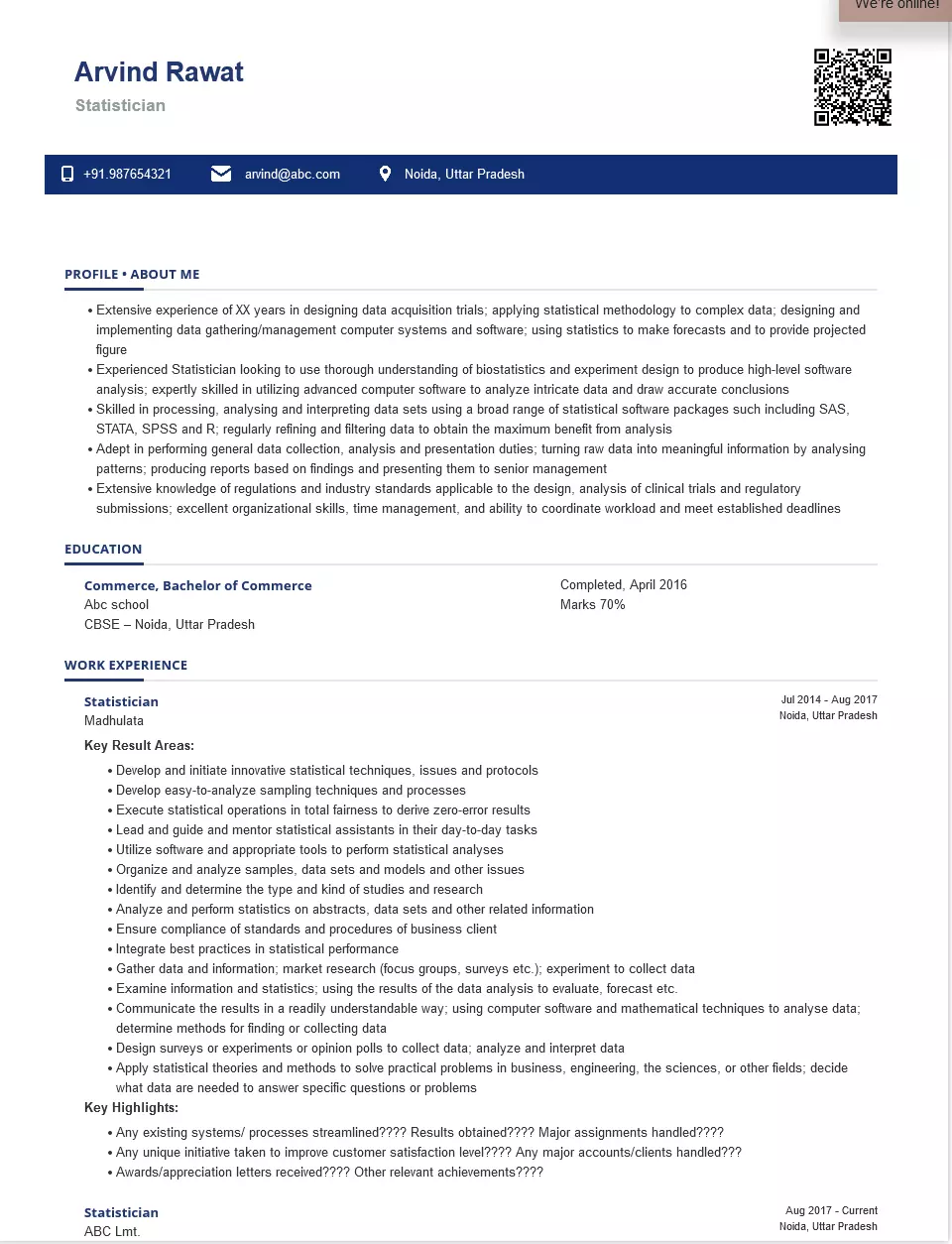 Statisticians Sample & Ready To Use Example | ShriResume