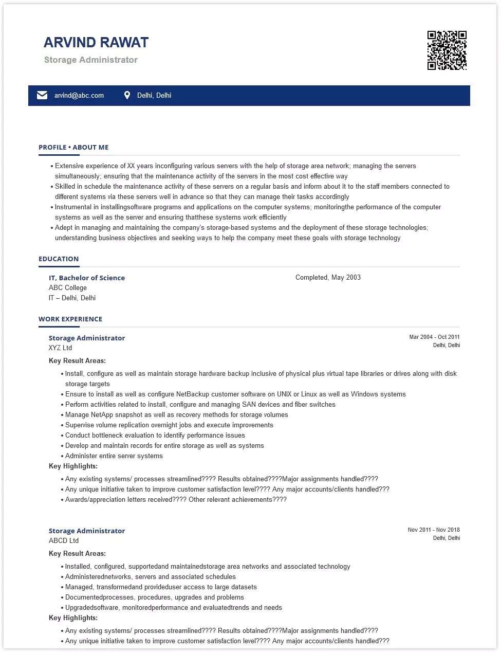 Storage Administrator Sample & Ready To Use Example | ShriResume