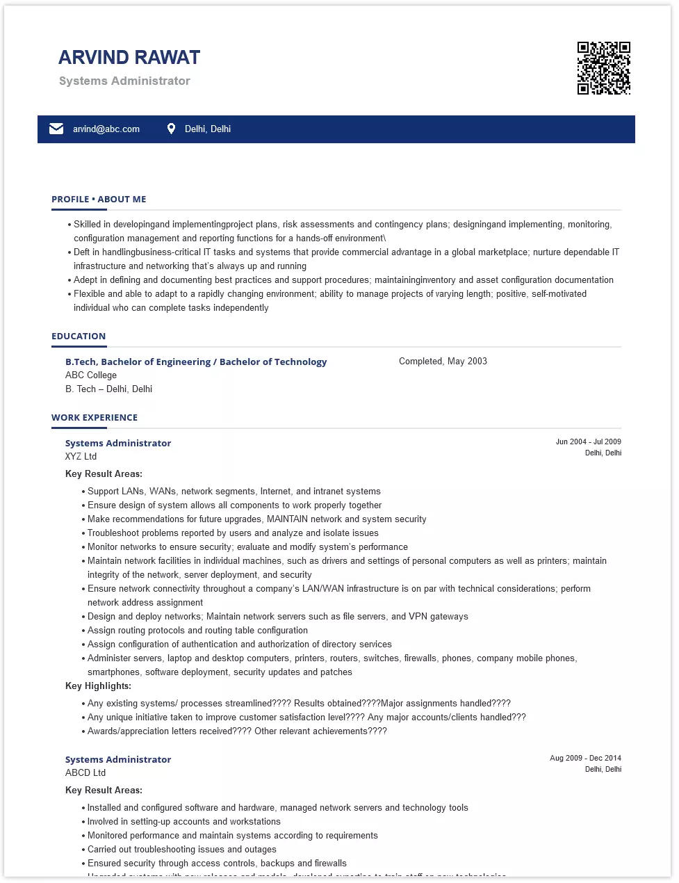 Systems Administrator Sample & Ready To Use Example | ShriResume Systems Administrator Sample & Ready To Use Example | ShriResume
