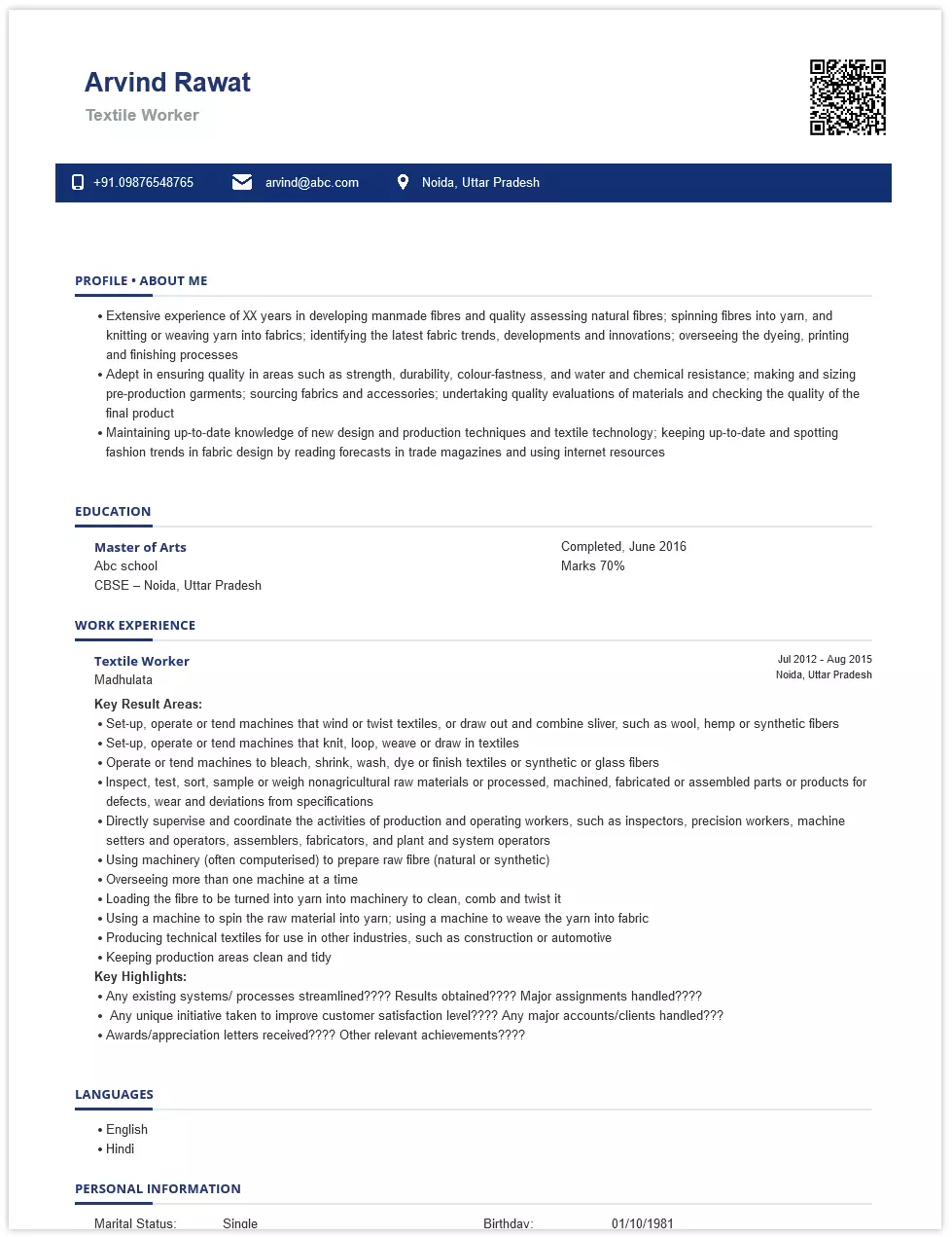 Textile Workers Sample & Ready To Use Example | ShriResume