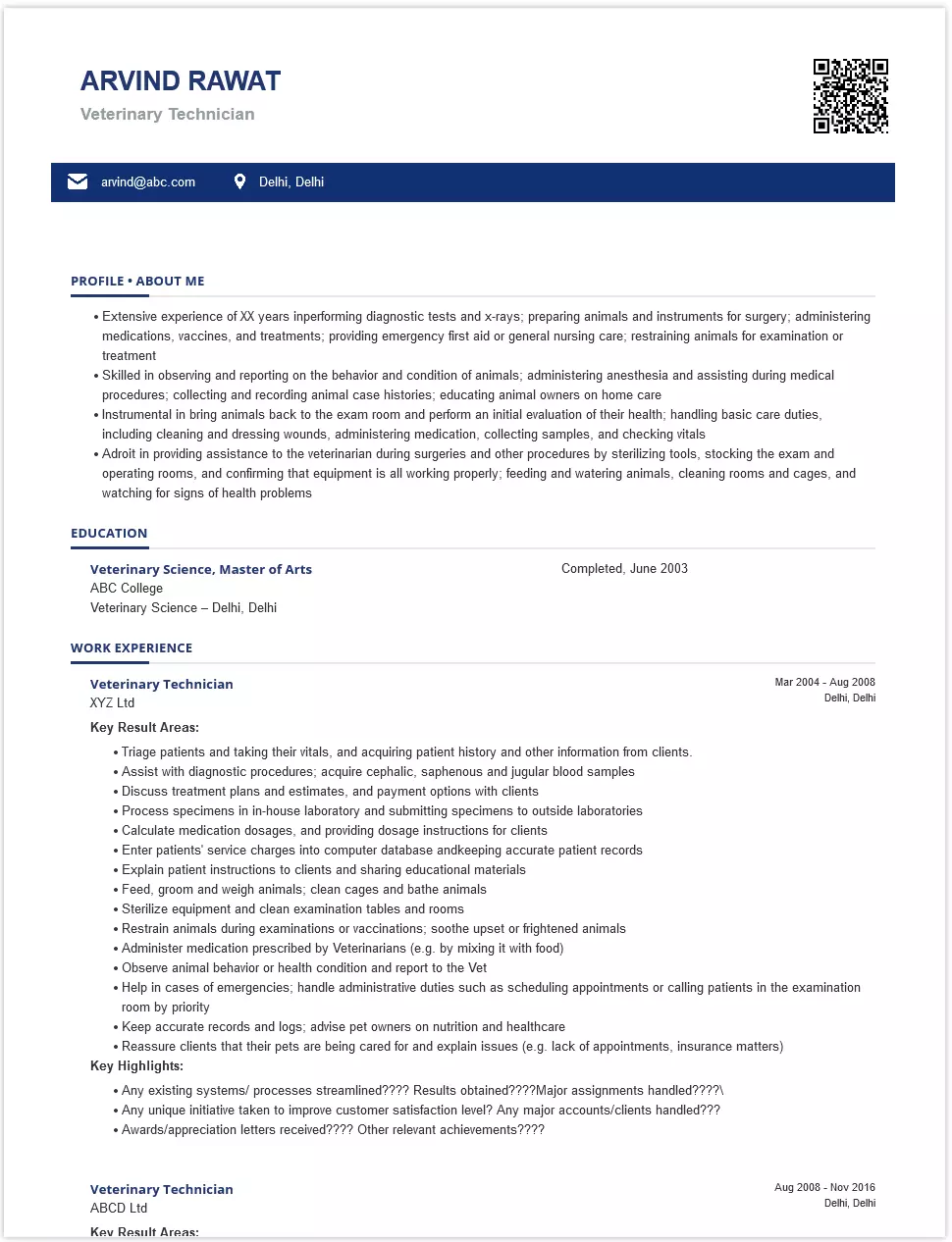 Veterinary Technician Sample & Ready To Use Example | ShriResume